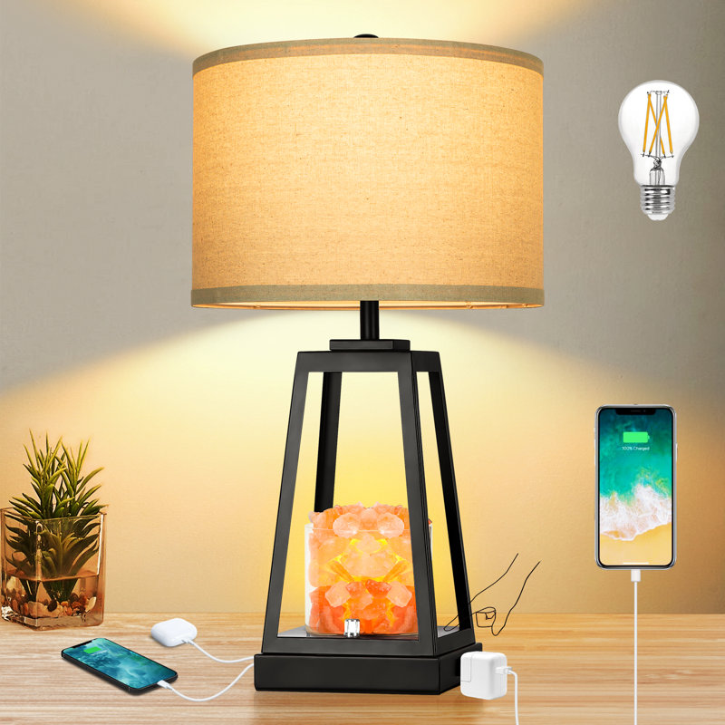 Latitude Run® Lunseth 25 inch Touch Control Table Lamp with USB & Type C Port & AC Outlet Bulbs ...